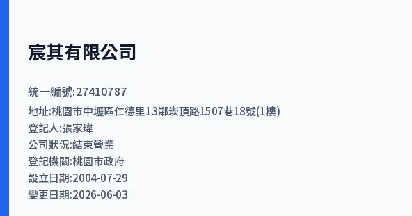 宸其有限公司的照片-統編 27410787(桃園市) 公司登記資料與營業項目詳細圖表