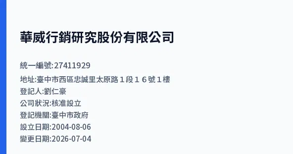 華威行銷研究股份有限公司的照片-統編 27411929(臺中市) 公司登記資料與營業項目詳細圖表