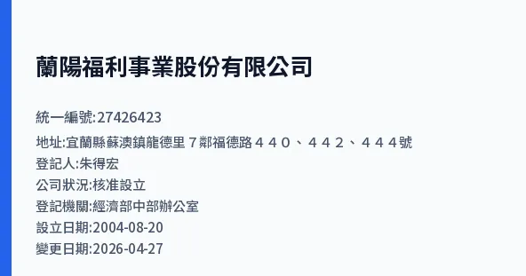 蘭陽福利事業股份有限公司的照片-統編 27426423(宜蘭縣) 公司登記資料與營業項目詳細圖表