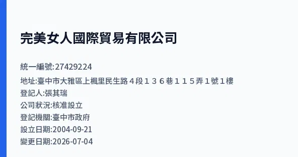 完美女人國際貿易有限公司的照片-統編 27429224(臺中市) 公司登記資料與營業項目詳細圖表