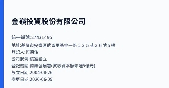 金嶺投資股份有限公司的照片-統編 27431495(基隆市) 公司登記資料與營業項目詳細圖表