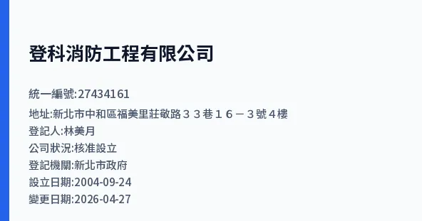登科消防工程有限公司的照片-統編 27434161(新北市) 公司登記資料與營業項目詳細圖表