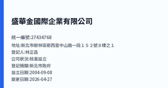 盛華金國際企業有限公司的照片-統編 27434768(新北市) 公司登記資料與營業項目詳細圖表