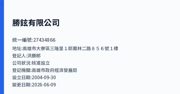 勝鉉有限公司的照片-統編 27434866(高雄市) 公司登記資料與營業項目詳細圖表