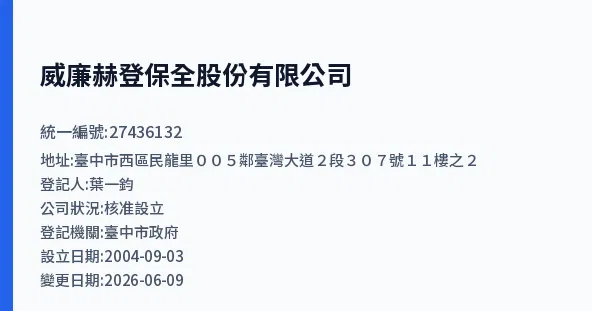 威廉赫登保全股份有限公司的照片-統編 27436132(臺中市) 公司登記資料與營業項目詳細圖表
