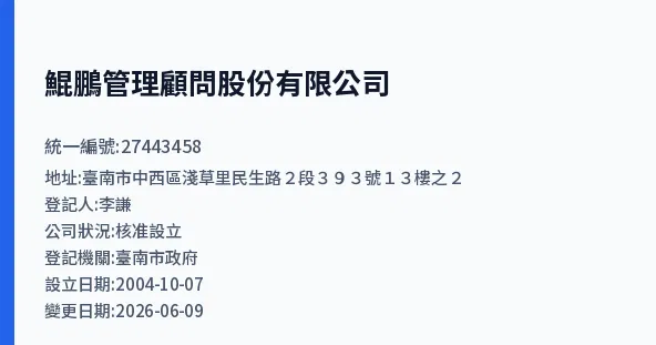 鯤鵬管理顧問股份有限公司的照片-統編 27443458(臺南市) 公司登記資料與營業項目詳細圖表