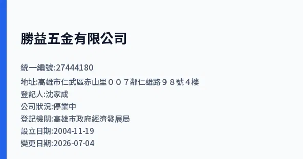 勝益五金有限公司的照片-統編 27444180(高雄市) 公司登記資料與營業項目詳細圖表