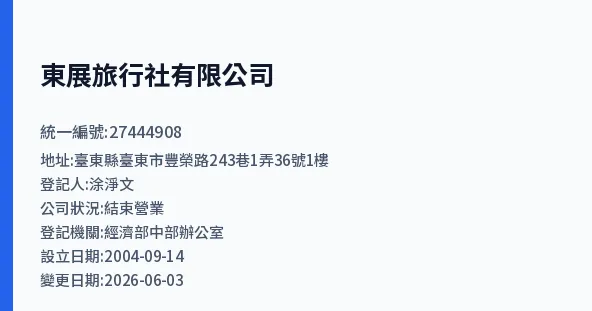 東展旅行社有限公司的照片-統編 27444908(臺東縣) 公司登記資料與營業項目詳細圖表