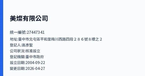 美燦有限公司的照片-統編 27447341(臺中市) 公司登記資料與營業項目詳細圖表