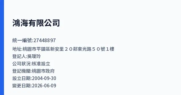 鴻海有限公司的照片-統編 27448897(桃園市) 公司登記資料與營業項目詳細圖表
