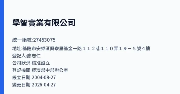 學智實業有限公司的照片-統編 27453075(基隆市) 公司登記資料與營業項目詳細圖表