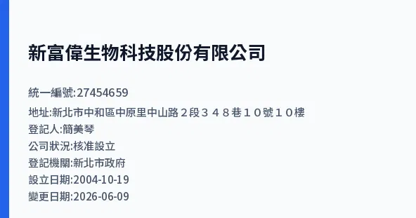 新富偉生物科技股份有限公司的照片-統編 27454659(新北市) 公司登記資料與營業項目詳細圖表