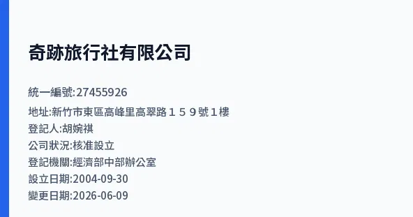 奇跡旅行社有限公司的照片-統編 27455926(新竹市) 公司登記資料與營業項目詳細圖表