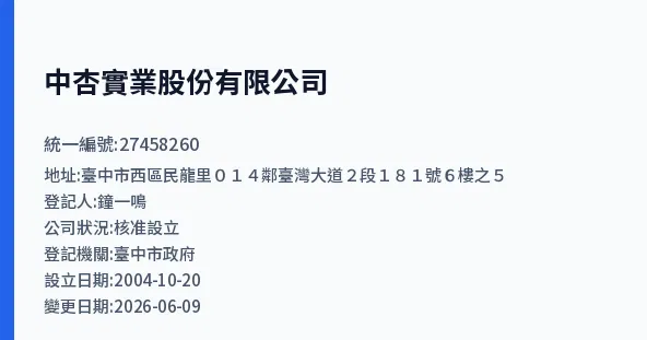 中杏實業股份有限公司的照片-統編 27458260(臺中市) 公司登記資料與營業項目詳細圖表