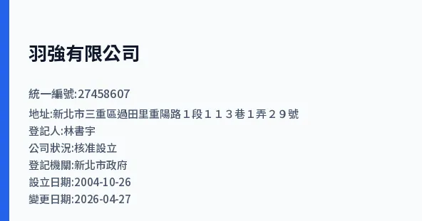 羽強有限公司的照片-統編 27458607(新北市) 公司登記資料與營業項目詳細圖表