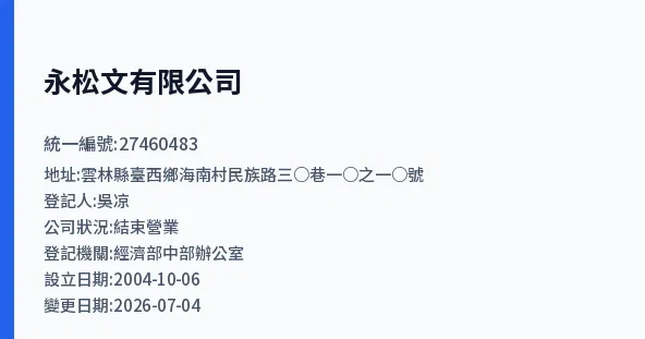 永松文有限公司的照片-統編 27460483(雲林縣) 公司登記資料與營業項目詳細圖表