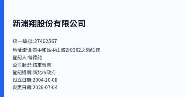 新浦翔股份有限公司的照片-統編 27462567(新北市) 公司登記資料與營業項目詳細圖表