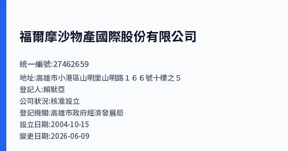 福爾摩沙物產國際股份有限公司的照片-統編 27462659(高雄市) 公司登記資料與營業項目詳細圖表