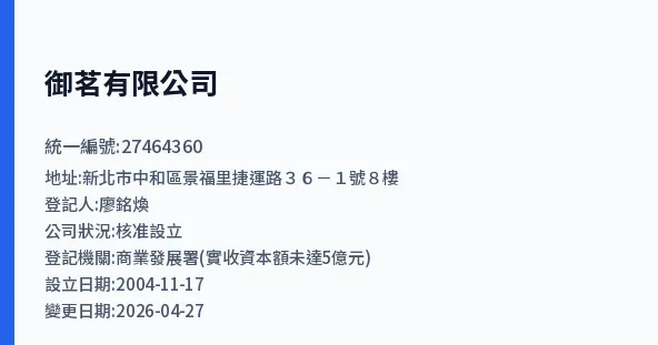 御茗有限公司的照片-統編 27464360(新北市) 公司登記資料與營業項目詳細圖表