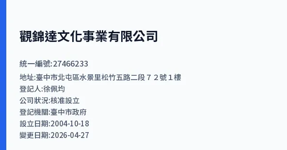 觀錦達文化事業有限公司的照片-統編 27466233(臺中市) 公司登記資料與營業項目詳細圖表