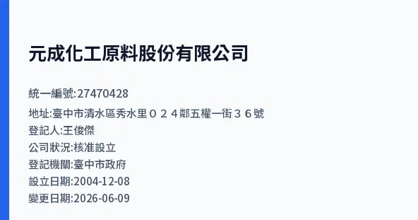 元成化工原料股份有限公司的照片-統編 27470428(臺中市) 公司登記資料與營業項目詳細圖表
