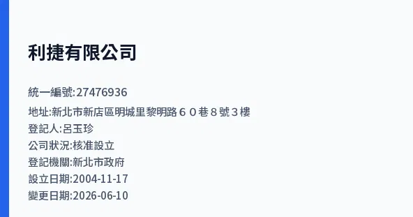 利捷有限公司的照片-統編 27476936(新北市) 公司登記資料與營業項目詳細圖表