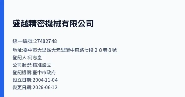 盛越精密機械有限公司的照片-統編 27482748(臺中市) 公司登記資料與營業項目詳細圖表