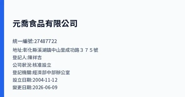 元喬食品有限公司的照片-統編 27487722(彰化縣) 公司登記資料與營業項目詳細圖表