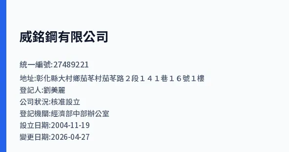 威銘鋼有限公司的照片-統編 27489221(彰化縣) 公司登記資料與營業項目詳細圖表