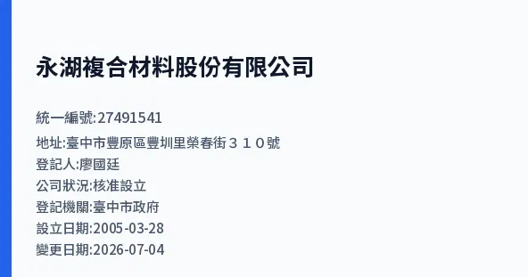 永湖複合材料股份有限公司的照片-統編 27491541(臺中市) 公司登記資料與營業項目詳細圖表