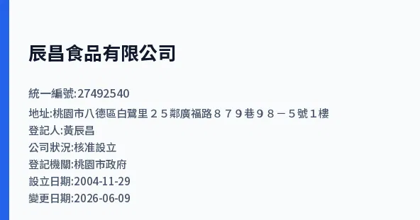 辰昌食品有限公司的照片-統編 27492540(桃園市) 公司登記資料與營業項目詳細圖表