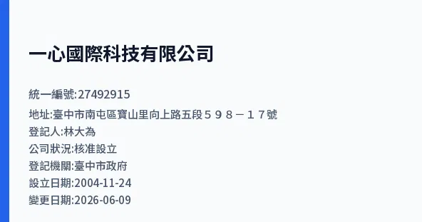 一心國際科技有限公司的照片-統編 27492915(臺中市) 公司登記資料與營業項目詳細圖表