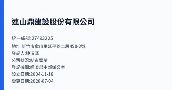 連山鼎建設股份有限公司的照片-統編 27493225(新竹縣) 公司登記資料與營業項目詳細圖表