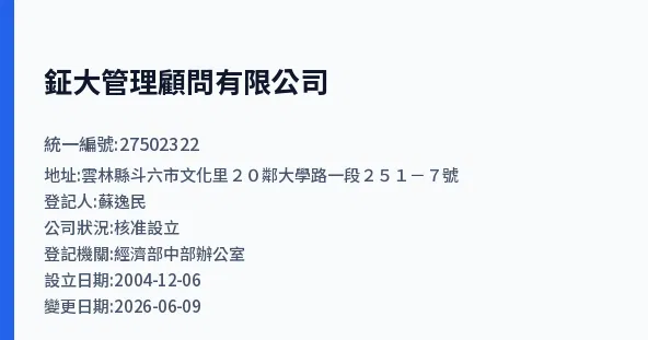 鉦大管理顧問有限公司的照片-統編 27502322(雲林縣) 公司登記資料與營業項目詳細圖表