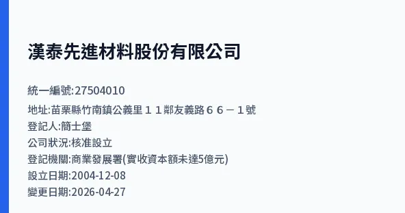 漢泰先進材料股份有限公司的照片-統編 27504010(苗栗縣) 公司登記資料與營業項目詳細圖表