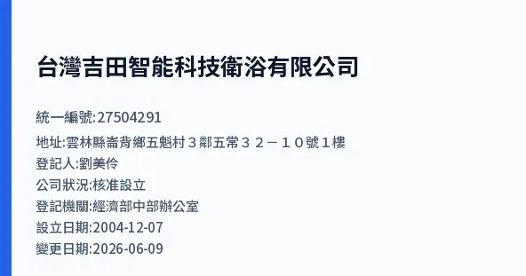 台灣吉田智能科技衛浴有限公司的照片-統編 27504291(雲林縣) 公司登記資料與營業項目詳細圖表