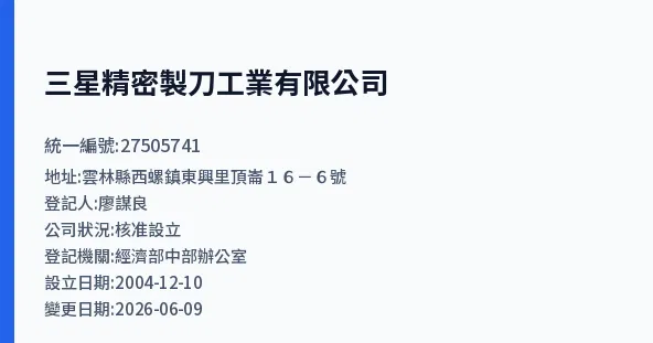 三星精密製刀工業有限公司的照片-統編 27505741(雲林縣) 公司登記資料與營業項目詳細圖表