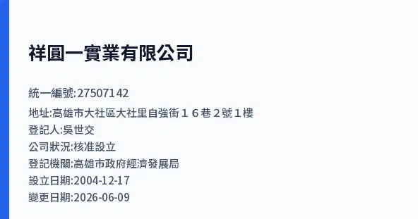 祥圓一實業有限公司的照片-統編 27507142(高雄市) 公司登記資料與營業項目詳細圖表