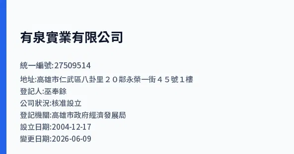 有泉實業有限公司的照片-統編 27509514(高雄市) 公司登記資料與營業項目詳細圖表