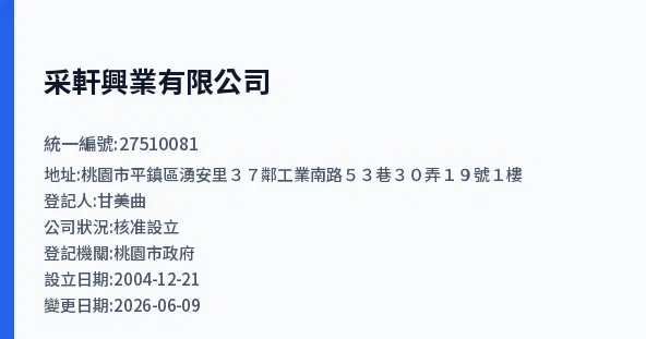 采軒興業有限公司的照片-統編 27510081(桃園市) 公司登記資料與營業項目詳細圖表