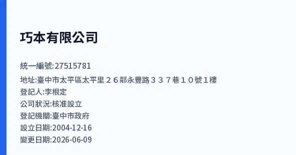 巧本有限公司的照片-統編 27515781(臺中市) 公司登記資料與營業項目詳細圖表