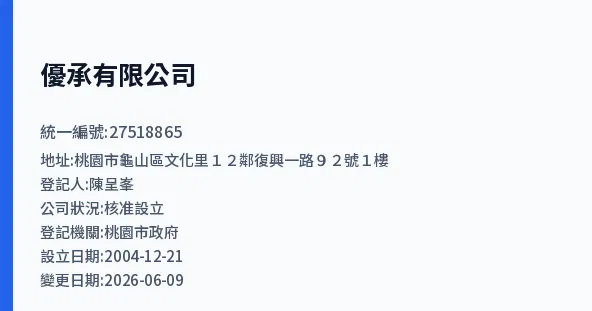 優承有限公司的照片-統編 27518865(桃園市) 公司登記資料與營業項目詳細圖表