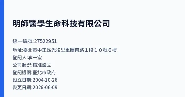 明師醫學生命科技有限公司的照片-統編 27522951(臺北市) 公司登記資料與營業項目詳細圖表