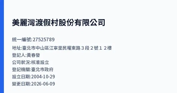 美麗灣渡假村股份有限公司的照片-統編 27525789(臺北市) 公司登記資料與營業項目詳細圖表