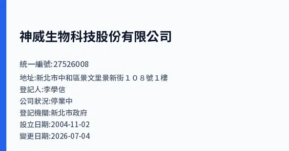 神威生物科技股份有限公司的照片-統編 27526008(新北市) 公司登記資料與營業項目詳細圖表
