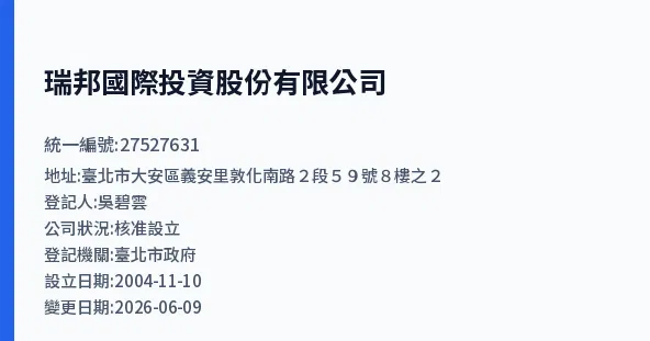 瑞邦國際投資股份有限公司的照片-統編 27527631(臺北市) 公司登記資料與營業項目詳細圖表