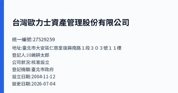 台灣歐力士資產管理股份有限公司的照片-統編 27529259(臺北市) 公司登記資料與營業項目詳細圖表