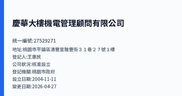 慶華大樓機電管理顧問有限公司的照片-統編 27529271(桃園市) 公司登記資料與營業項目詳細圖表