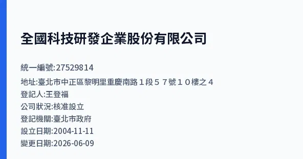 全國科技研發企業股份有限公司的照片-統編 27529814(臺北市) 公司登記資料與營業項目詳細圖表