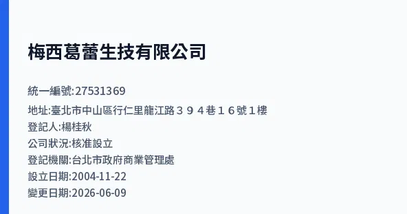 梅西葛蕾生技有限公司的照片-統編 27531369(臺北市) 公司登記資料與營業項目詳細圖表